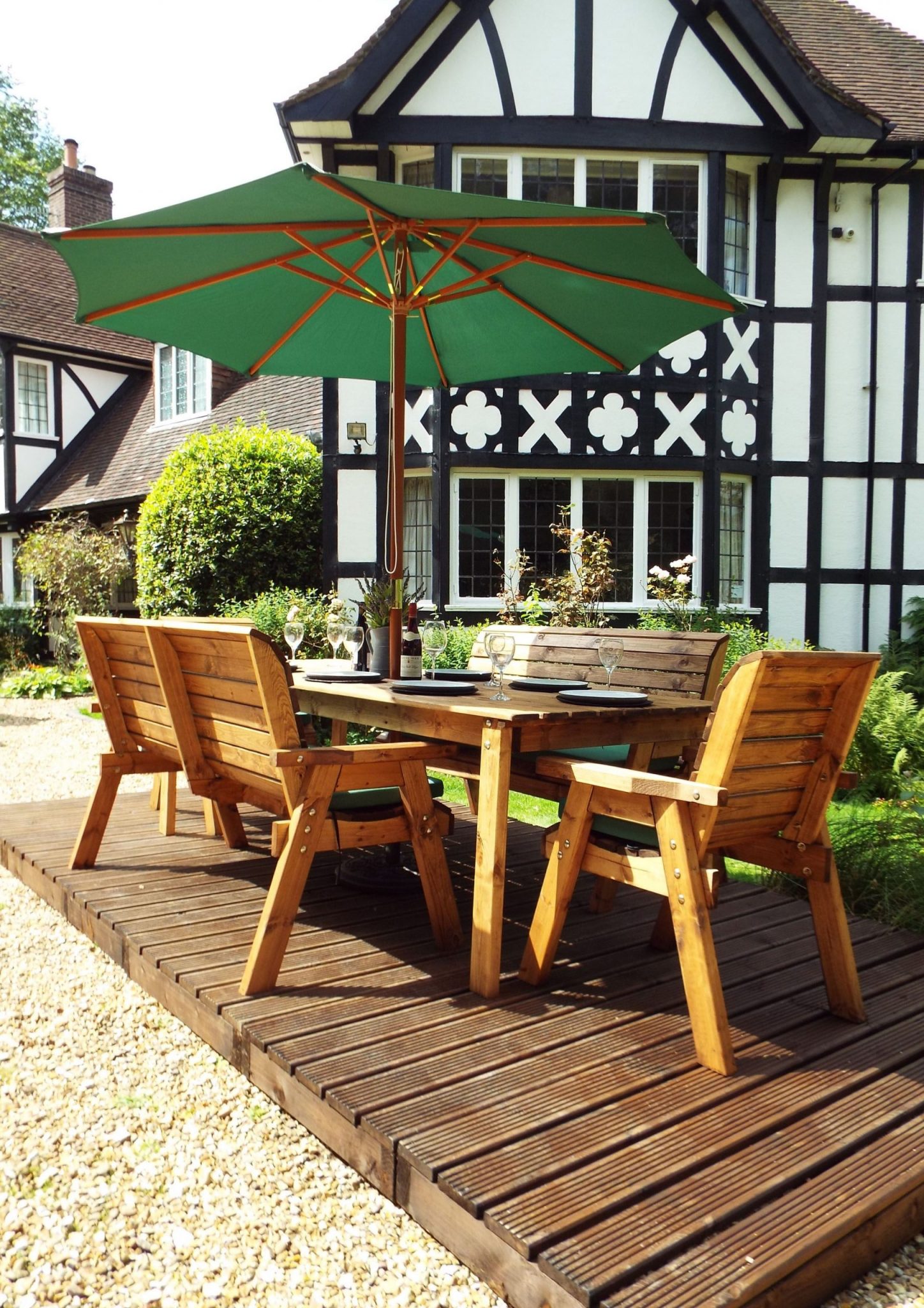 Eight Seater Solid Wood Rectangular Garden / Patio Table, 2 x Armchairs ...